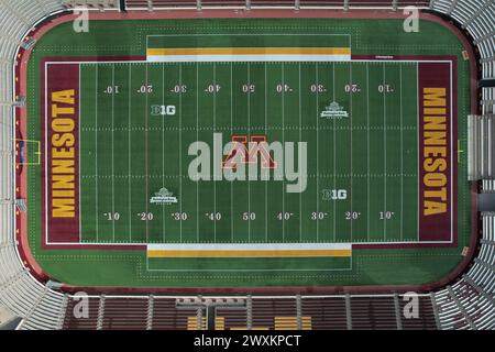 The Minnesota Golden Gophers logo at midfield of the football field at ...