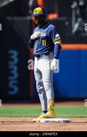 Milwaukee Brewers' Jackson Chourio (11) looks on after striking out ...