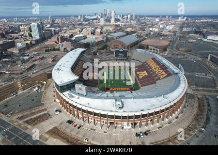 A general overall aerial view of Huntington Bank Stadium on the campus ...