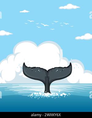 Whale tail splashing in ocean, view from ship board. Vector cartoon ...