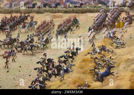Model of Waterloo battle with tin miniature soldiers troops. Combat ...