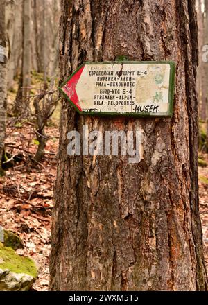 E4 European Long Distance Path weathered sign for the Pyrenees to ...