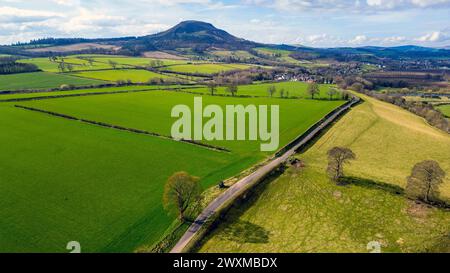 Aerial drone view of Trimontium, Roman fort site near Newstead village ...