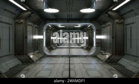 Infinite corridor inside a futuristic spaceship. 3D design Stock Photo ...