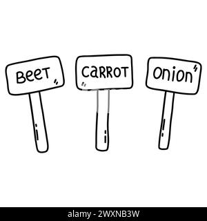 Garden wooden signs with names of vegetables for seedlings. Carrot ...
