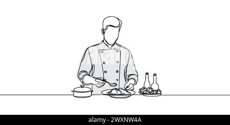 A chef pours condiments to the dish and do the garnishing. Continuous ...
