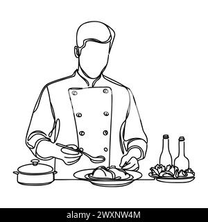 A chef pours condiments to the dish and do the garnishing. Continuous ...