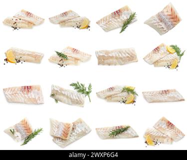 Pieces of raw cod fish isolated on white, set Stock Photo - Alamy