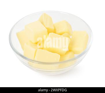 Glass bowl with cubes of butter on grey table Stock Photo - Alamy