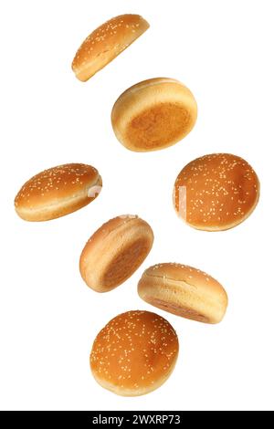 Fresh burger buns falling on white background Stock Photo - Alamy