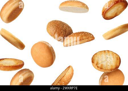 Fresh burger buns falling on white background Stock Photo - Alamy