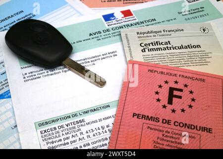 French driver's license and a car key on the top of a french speeding ...