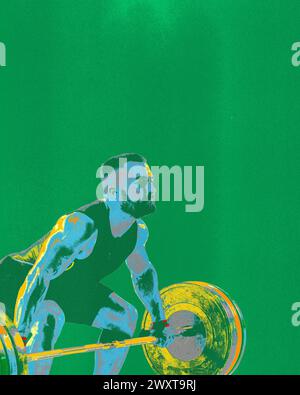 Poster. Contemporary art collage. Weightlifter in motion doing ...