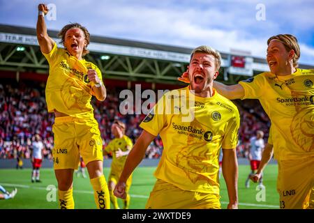 Glimt's Jens Petter Hauge, left and Nice's Antoine Mendy vie for the ...