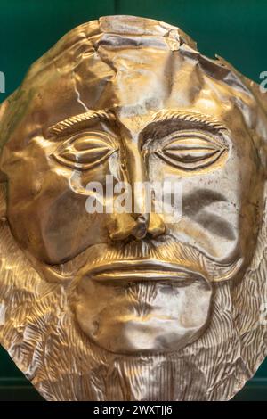 A 16th Century BC, gold, funerary mask known as the Mask of Agamemnon ...