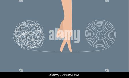 Hand imitating walking with fingers on thread between tangled ball and ...