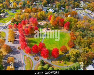 Bellingham Town Common aerial view in fall with maple trees at the ...