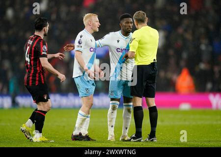 Crystal Palace's Jefferson Lerma (centre) leaves the pitch with an ...
