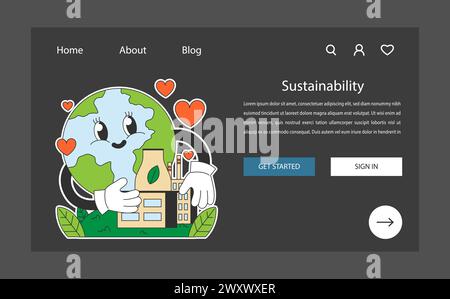 Sustainability. Earth cartoon character hugs a green factory. Carbon ...