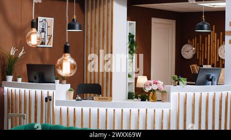 Empty luxurious hotel reception ready to greet guests at entrance ...