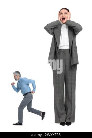 Small man running from giant boss on white background Stock Photo - Alamy