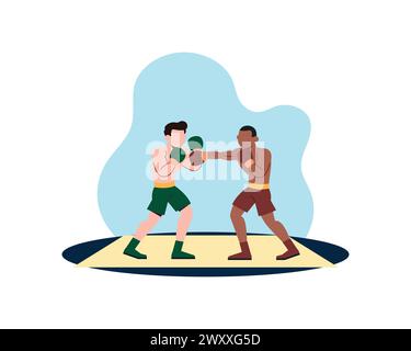 Two male boxers fight in the ring. Cartoon characters train or compete ...