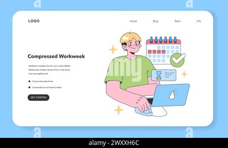 Contented employee with a laptop enjoys a compressed workweek, marking his calendar. Achieving ...