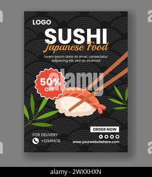 Japanese food poster of sushi and rolls for cafe or restaurant. Vector ...