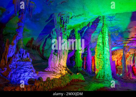 The Silver Cave, natural limestone cave with multicolored lighting in ...