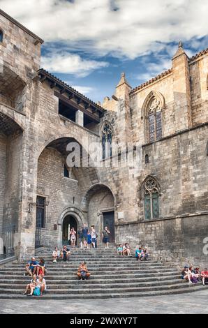 Medieval walls of Palau Reial Major in Placa del Rei, public square of ...