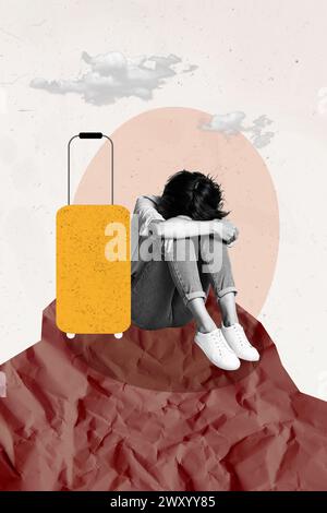 Composite 3d photo collage of sad man sit suitcase control border stop ...
