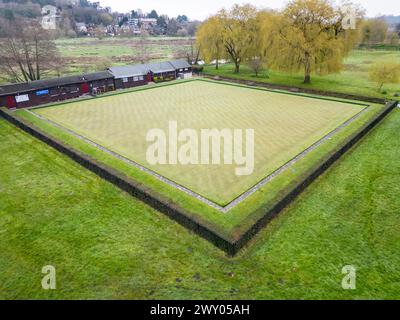 aerial view of the bowling green in philips memorial park by the river ...