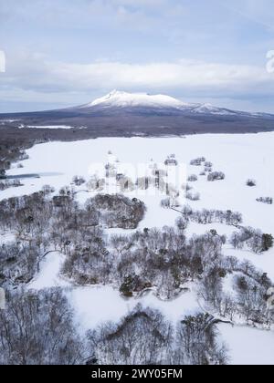 Lake Onuma, Japan: Aerial view of the frozen lake Onuma with the ...