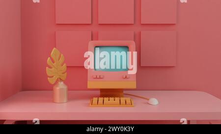 Retro Tech Charm: Vintage Computer Setup in Pastel Decor Stock Photo ...