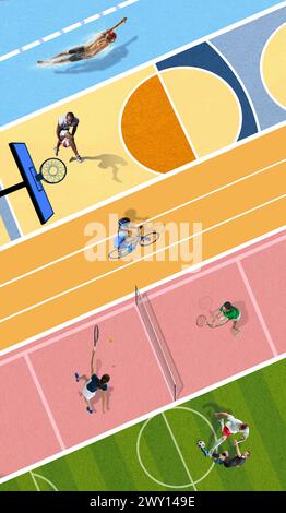 Creative colorful collage. Aerial view on athletes of different sports ...