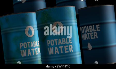 Potable water drinking h2o barrels in row concept. Fresh clean aqua for ...