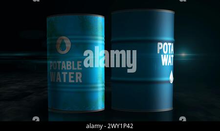 Potable water drinking h2o barrels in row concept. Fresh clean aqua for ...
