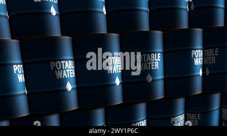 Potable water drinking h2o barrels in row concept. Fresh clean aqua for ...