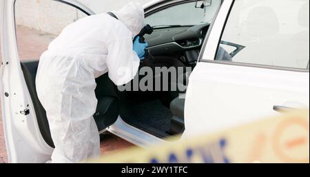 Car, crime scene and forensic photographer with pictures for evidence ...