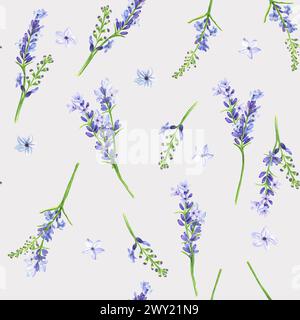 Watercolor lavender floral seamless pattern. Blue flowers on a dark ...