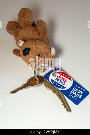Still life of a keychain with a vote NYC fast pass tag to assist in ...
