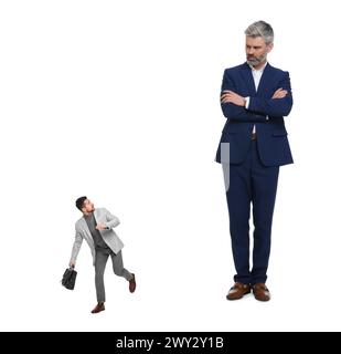 Small man running from giant boss on white background Stock Photo - Alamy