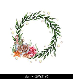 Round Frame of Marine animals and Shells. Wreath with Underwater ...