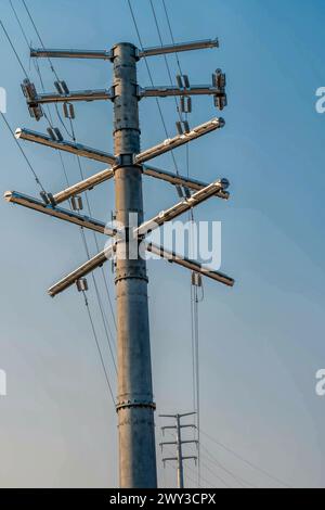 Close-up view of an electric tower with a beautiful blue sky background ...