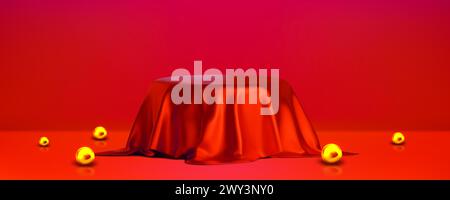Red reveal cloth podium. Unveil fabric cover box background. 3d secret ...