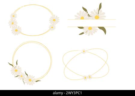 Daisy thin line frame monogram, border with flowers and leaves isolated ...