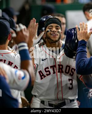 Houston Astros' Jeremy Peña (3) celebrates in the dugout after scoring ...