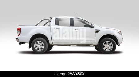 Side view of white pickup truck is isolated on white background with ...