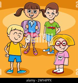 Cartoon illustration of elementary age children characters with Back to ...