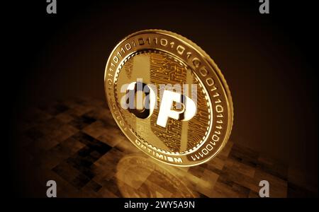 Optimism OP cryptocurrency gold coin on green screen background ...